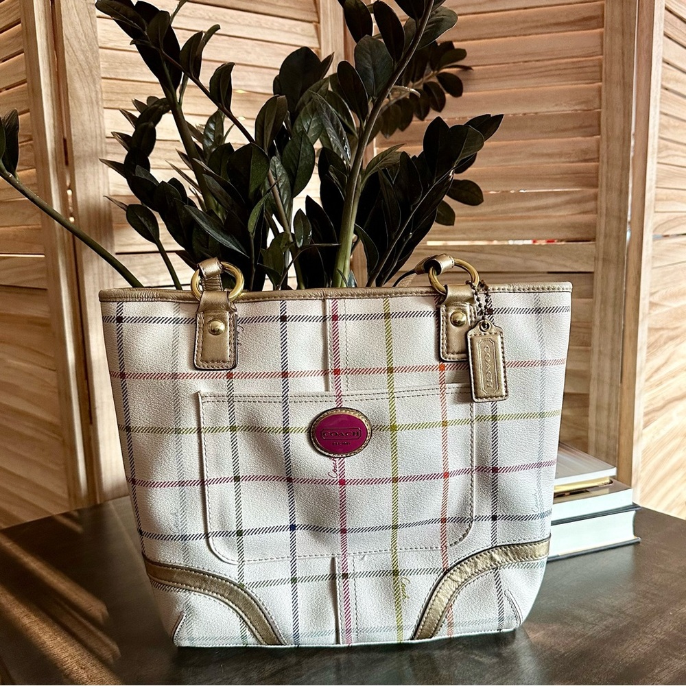 Coach Peyton Tattersall Tote Bag In White With Plaid … - Gem